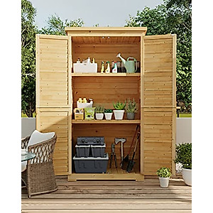 Gizoon Outdoor Storage Cabinet with 3 Shelves, Double Lockable Wooden Garden Shed with Waterproof Roof, Outside Vertical Tall Tool Shed for Yard Patio Lawn Deck-Natural