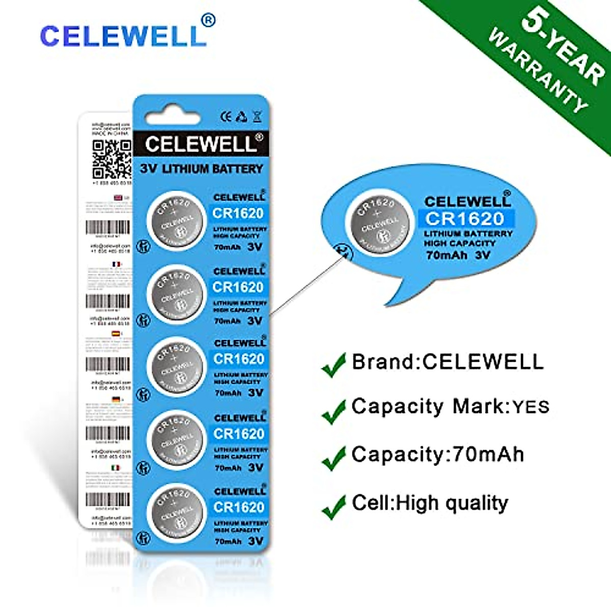 CELEWELL CR1620 5 Pack for Key Fob Tracker 70mAh 3V Lithium Battery 【5-Year Warranty】