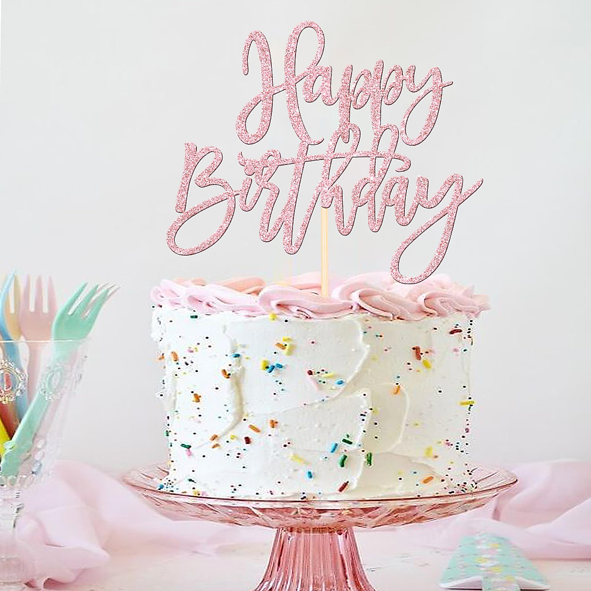 1 PCS Happy Birthday Cake Topper Glitter Happy Birthday Cake Pick for Celebrating Happy Birthday Anniversary Theme Party Cake Decorations Supplies Light Pink