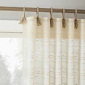 No. 918 Claudia 2-pack Slub Stripe Linen Texture Rope Tab Semi-Sheer Tie Top Curtain Panel Pair, 50" x 84", Natural Beige