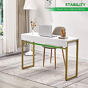 GreenForest Vanity Desk with 2 Drawers Glossy White Makeup Table 47 inch Modern Home Office Computer Desk Dressing Console Table with Metal Gold Legs for Bedroom,Without Mirror