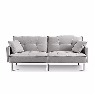 HomePop Upholstered Futon Bed with Chrome Legs, Modern Sofa Couches for Living Room, Small Spaces, Dorm, Apartment Sofabed, Standard, Light Grey