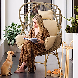 YITAHOME Egg Chairs Wicker Chair Egg Lounge Chair with Cushion Egg Basket Chair PE Rattan Chair with Legs 330LBS for Patio, Garden, Backyard, Porch, Beige