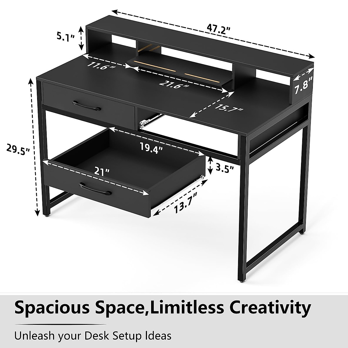 VEELOK Computer Desk with Drawers, 47" Home Office Desk with Monitor Shelf, Writing Desk with Storage, Gaming Desk Work Desk Study Desk for Bedroom, Black