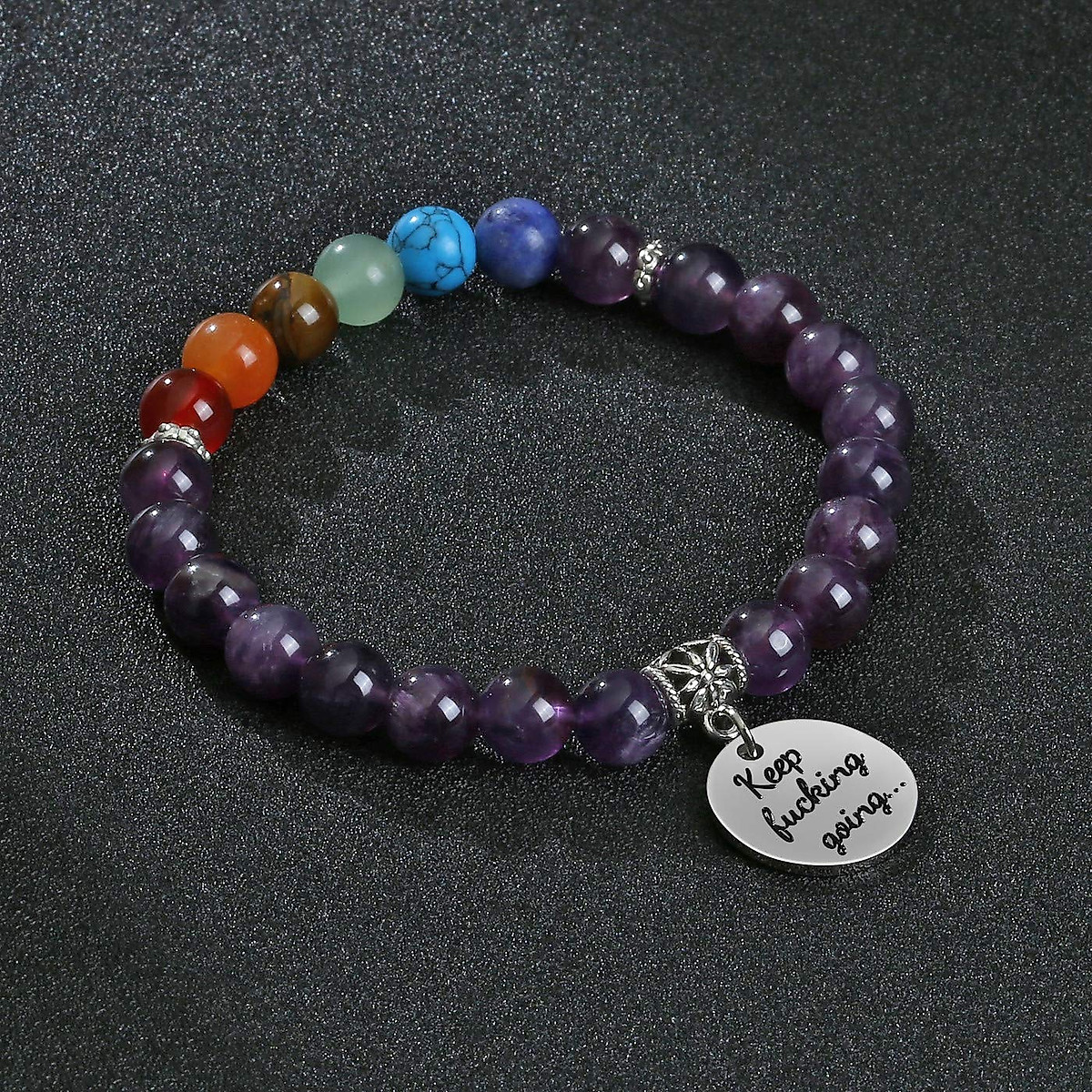 Top Plaza Amethyst Healing Crystal Stone Bead Bracelet 7 Chakra Reiki Yoga Gemstone Beaded Bracelets Inspirational Message Charm Bracelet for Women Men