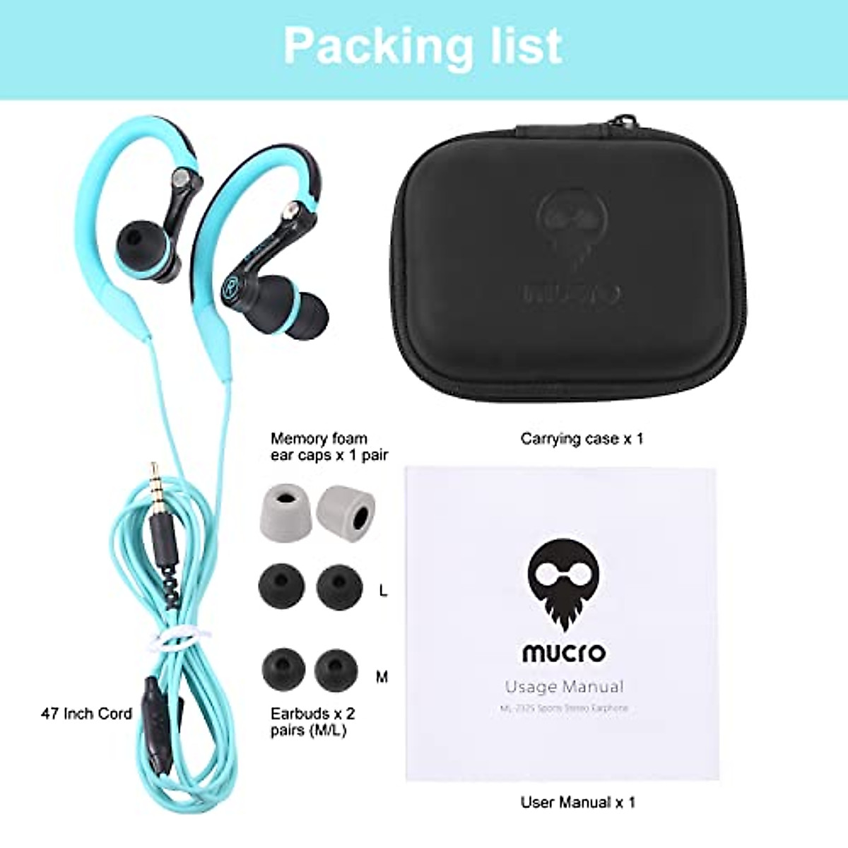 Mucro Wired Earbuds Sport Headphones Over Ear Earhooks Sweatproof in Ear Running Earphones for Workout Jogging Gym Headphones for iPhone iPod Samsung