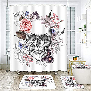 Britimes 4 Piece Shower Curtain Sets, Skull Flower with Non-Slip Rugs, Toilet Lid Cover and Bath Mat, Durable and Waterproof, for Bathroom Decor Set, 72" x 72"
