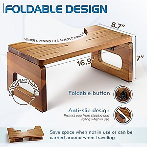 BLUEWEST Foldable Toilet Stool, Acacia Wood Poop Stool for Potty Training, 7 Inch Collapsible Bathroom Stool, Folding Stool for Adults with Non-Slip