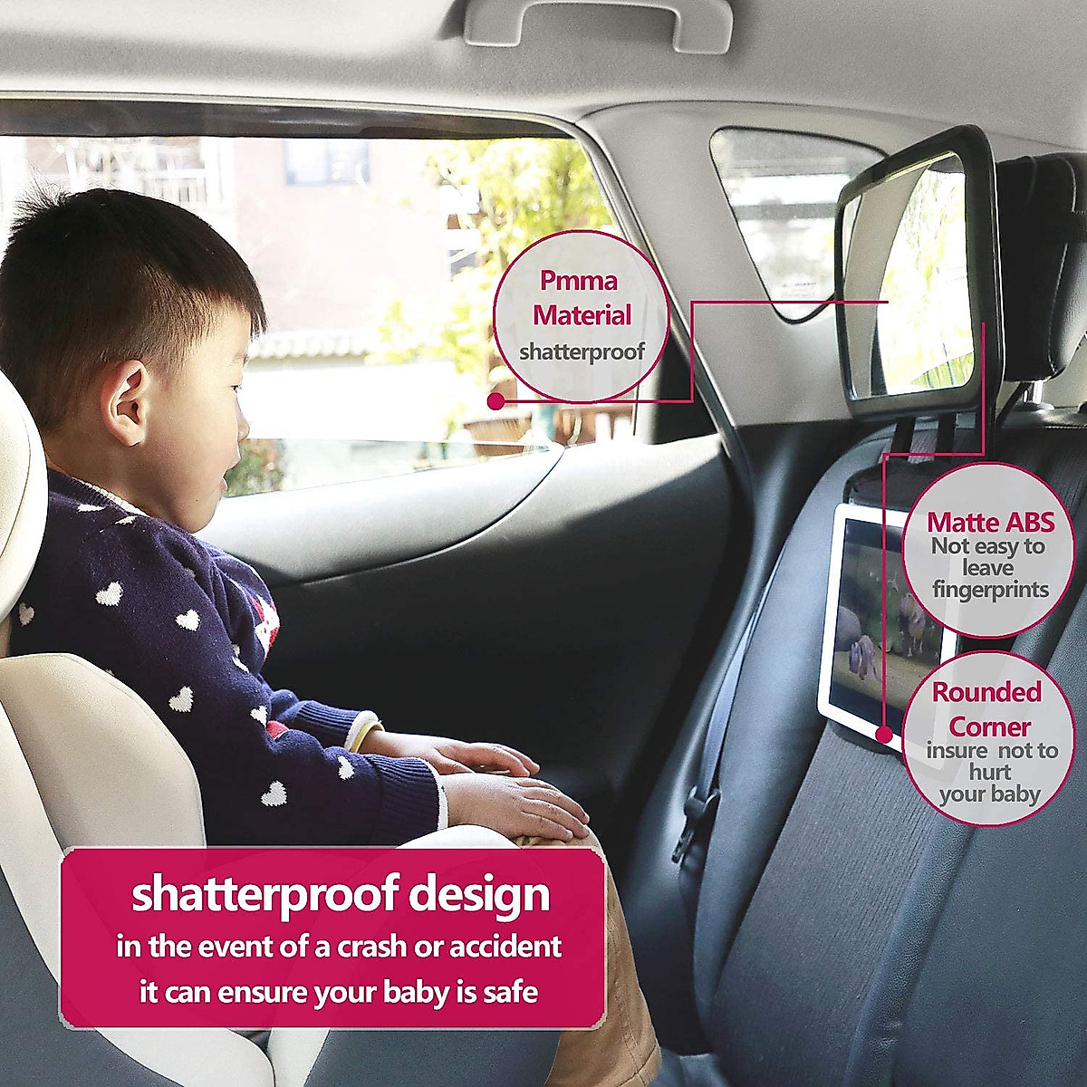 Baby Mirror for Car with Ipad Holder - XL Infant Car Mirror for Baby Rear Facing - 360° Wide Angle, Clear View, Shatterproof & Crash Tested Safety Baby Car Mirror for Back Seat with Car Tablet Holder
