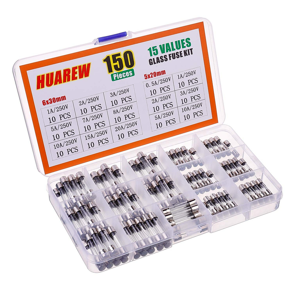 HUAREW 15 Values 150 Pcs Fast Blow Glass Fuses 250V Volt 5x20 mm 0.5 1 2 3 5 10 A 6x30 mm 1 2 3 5 7 8 10 15 20 A amp Assortment Kit