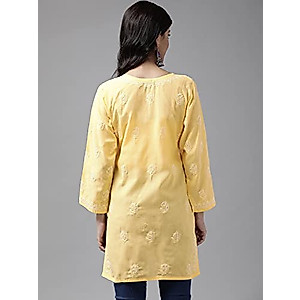 Ada Indian Hand Embroidered Chikankari Women's Cotton Top Tunic Shirt Blouse A911127 (XS, Yellow)