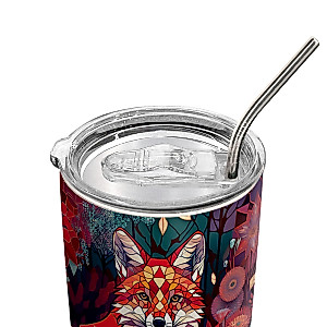 20oz Red Ruby Stained Glass Crystal Mosaic Fox Tumbler, Gifts for Fox Lovers, Coffee Thermos for Women, Stainless Steel Double Wall Vacuum Insulated Coffee Mug, Travel Cup with Lid