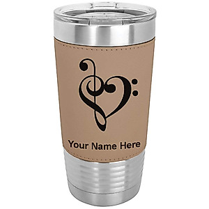 LaserGram 20oz Vacuum Insulated Tumbler Mug, Music Heart, Personalized Engraving Included (Faux Leather, Light Brown)