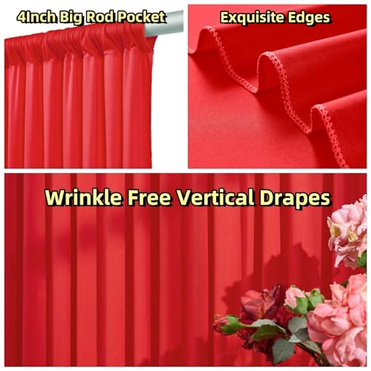 Outpain 20 ft x 8 ft Red Backdrop Curtain Panels, 4 Panels 5 ft x 8 ft Wrinkle Free Polyester Photography Backdrop Drapes, Wedding Party Home Decoration Supplies