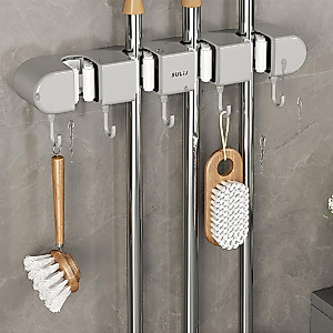 ZLHETWT 3Pcs Broom Mop Holder with Hooks, Wall Mounted Mop Holder Hanger Non Perforated Plastic Broom Storage Rack Adhesive Design Mop Broom Organizer for Bathroom Kitchen Garage
