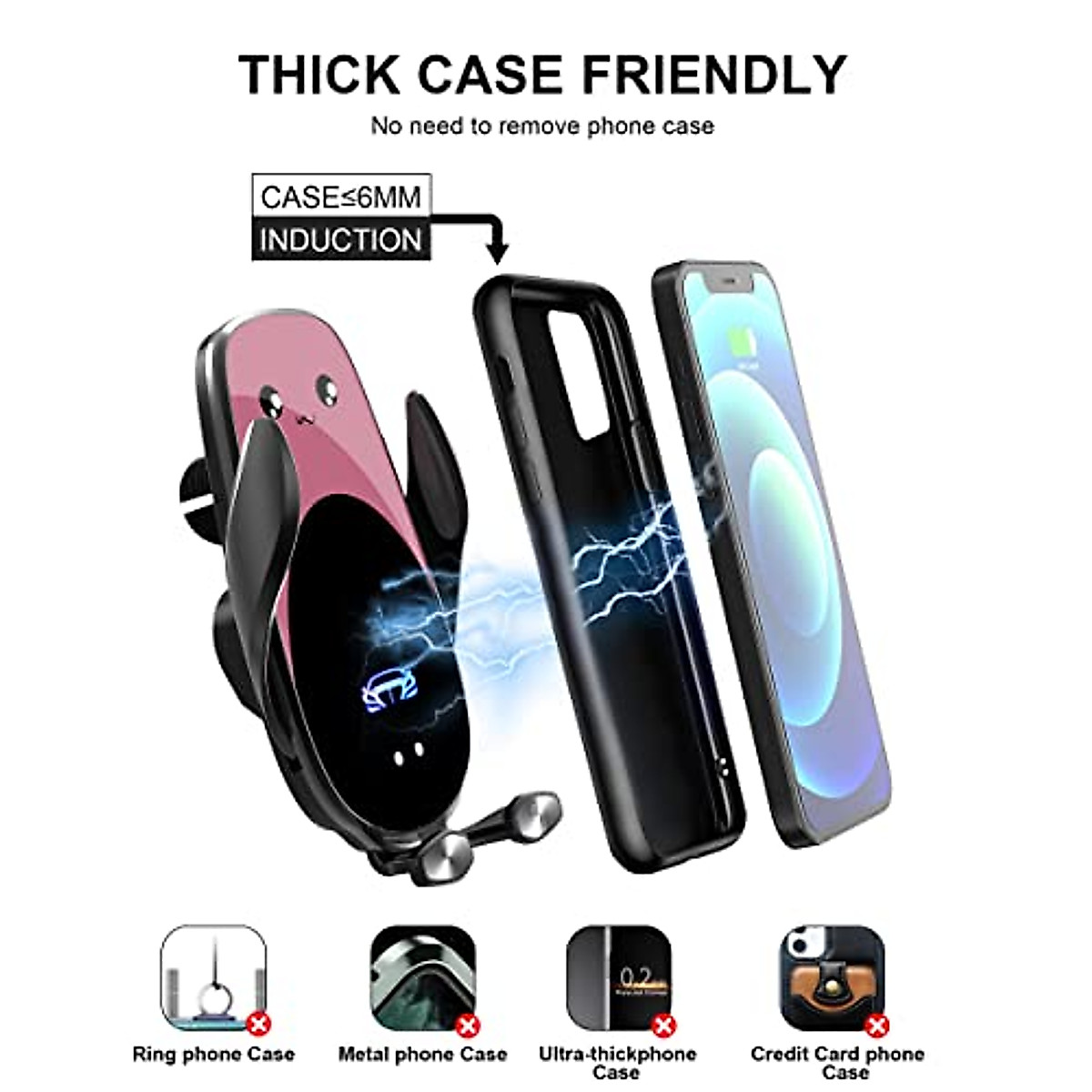 Wireless Car Charger Mount, 15W Qi Fast Charging Auto-Clamping Cell Phone Car Holder ​Air Vent Windshield (Pink)