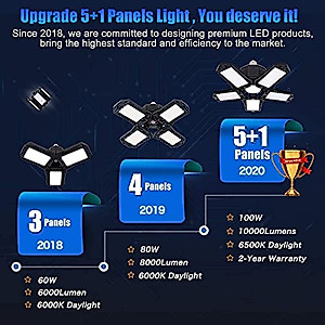 JMTGNSEP LED Garage Lights 2 Pack Eqv. 100W Garage Light 10000LM Screw in LED Garage Light 5 Panel Deformable Garage Lighting Fixtures 6500K LED Shop Light Bulb for Garage Workbench Basement Attic