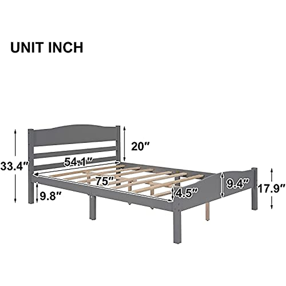 STP-Y Full Size Platform Bed, Rockjame Wood Bed Frame with Horizontal Strip Hollow Shape Headboard, Footboard and Center Support Feet, Perfect for Kids, Teens and Adults (Gray)