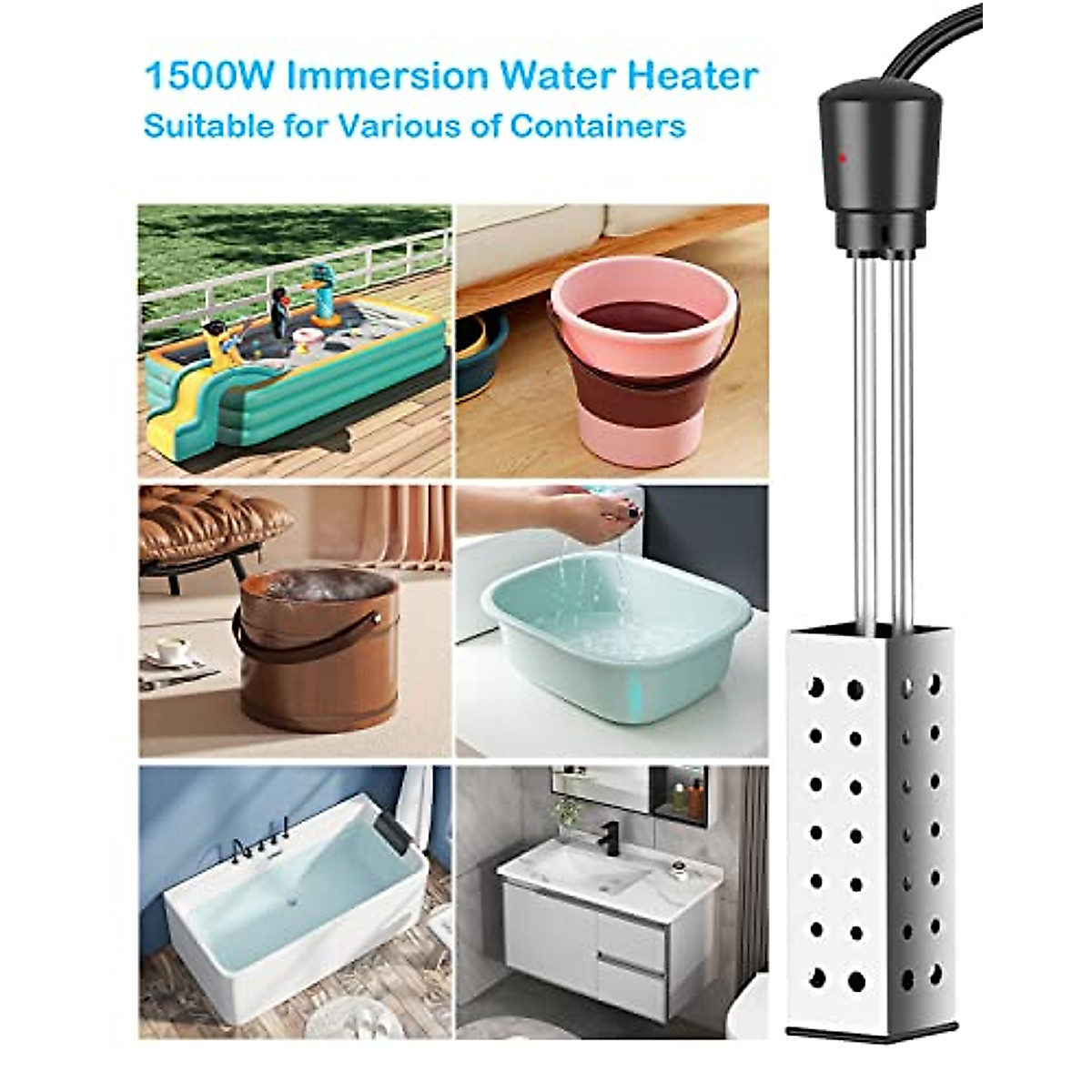 Pool Water Heater Above Ground, Portable 1500W Immersion Water Heater with Stainless Steel Guard Cover and Suspension Head for Bathtub, Garden, Backyard