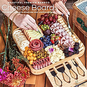 Bamboo Cheese Board and Knife Set - Includes a Secret Drawer with Stainless Steel Fork and Cheese Knife Set for Charcuterie Board Party Serving Tray - Thoughtful Wedding Anniversary Housewarming Gifts