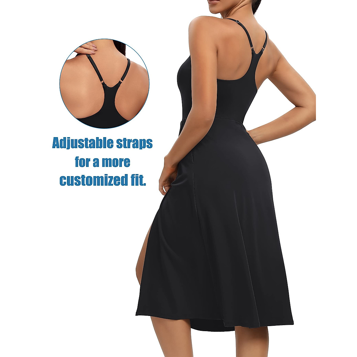 Athletic Dress with Built in Shorts & Bra Adjustable Straps Workout Dress for Tennis Golf Midi Dresses for Women Black