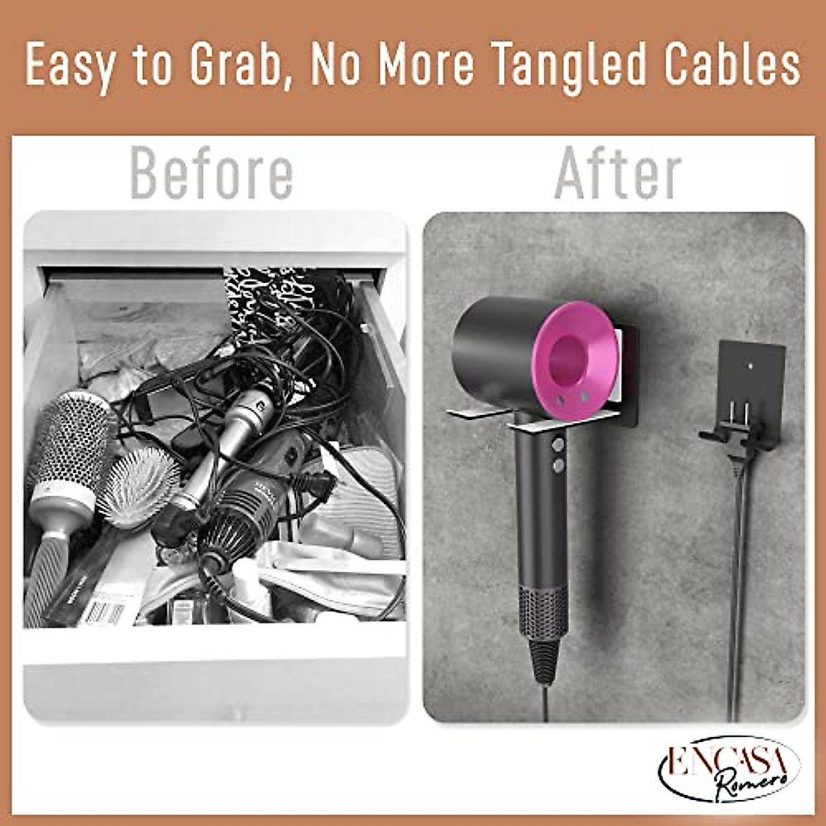 EnCasa Romero Hair Dryer Holder - Wall Mounted Hanger for Blow Dryers & Hair Dryers and Power Cord - Dual Mounting Option with Self Adhesive Strips and Screws Compatible with Dyson & Most Hairdryers