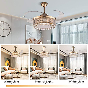TFCFL 42" Gold Crystal Ceiling Fan Lights with Remote Control,Ceiling Fan Chandelier LED Three-Color Lights 3 Speeds Fan Retractable Blade for Living Room, Kitchen, Restaurant (Gold)