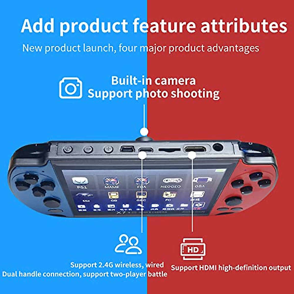 DREAMHAX X7 Plus Handheld Game Console with Preload 10000 Games, Portable Video Games Support HDMI Output & Double Player, Classic Arcade Retro Game Player Gameboy Gift Present (4.3" Screen Red Blue)