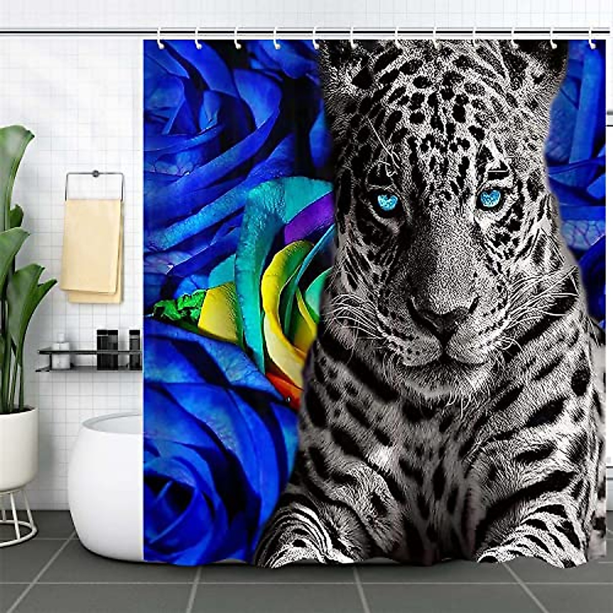 Blue Roses and Leopard Shower Curtains Bathroom Sets with Rugs and Accessories Bellcon 4pcs Animals Bathroom Sets with Toilet Seat Cover and Nonslip Bath Mat for Men and Women