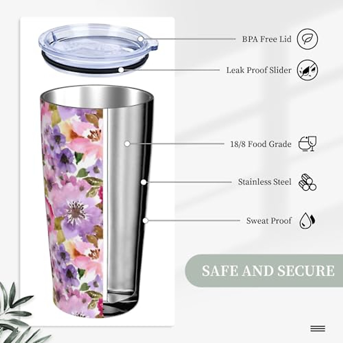 20oz Tumbler Watercolor Flower Pattern Double Wall Vacuum Insulated Coffee Mug with Lid and Metal Straw Brush Reusable Stainless Steel Water Bottle Travel Cup Gifts for Car Ice Drinks Hot Beverage