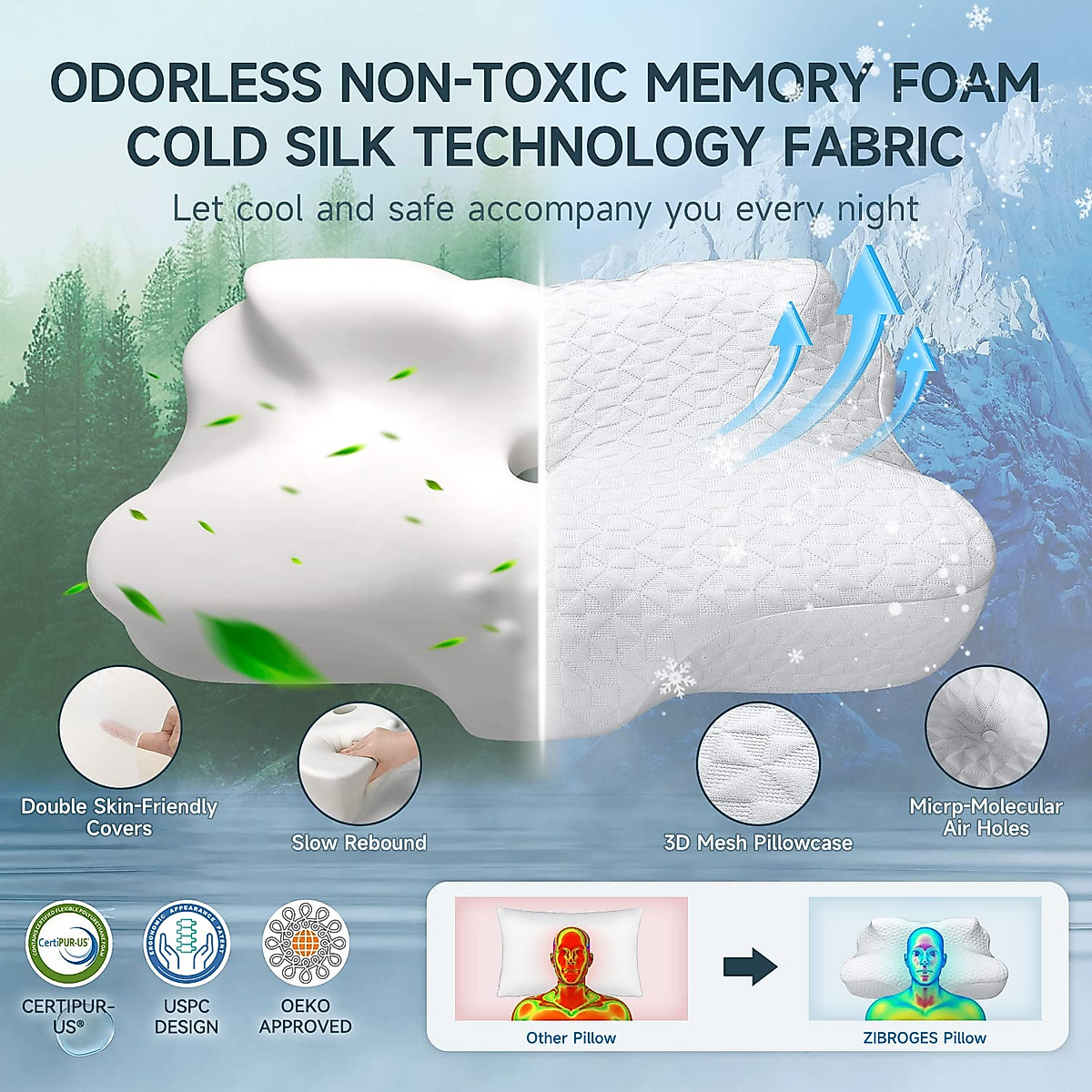 Zibroges Cervical Memory Foam Pillow for Neck Shoulder Pain Relief Sleeping Supports Your Head, Ergonomic Orthopedic Contoured Cooling Bed Pillow for Side, Back and Stomach Sleepers
