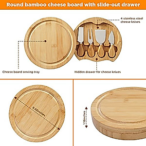 Bamboo Cheese Board and Knife Set,Round Charcuterie Board Set with 4 Knives,Cheese Board Set with Slide-Out Drawer,House Warming Gifts New Home