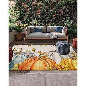 Thanksgiving Fall Outdoor Rug for Patio/Deck/Porch, Non-Slip Area Rug 6x9 Ft, Orange Teal Grey Pumpkin Maple Leaf Rustic Indoor Outdoor Rugs Washable Area Rugs, Reversible Camping Rug Carpet Runner
