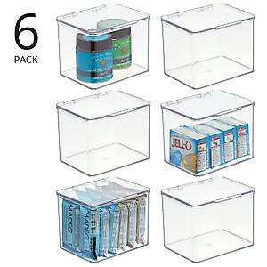 mDesign Plastic Kitchen Pantry and Fridge Storage Organizer Box Containers w/Hinged Lid for Shelves or Cabinets, Holds Food, Snacks, Seasoning, Condiments, Utensils, Lumiere Collection, 6 Pack, Clear