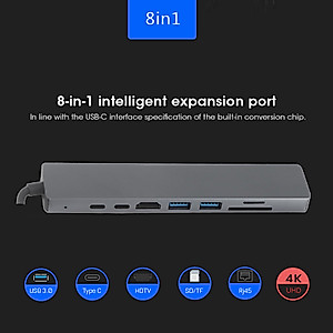 USB C Hub, 8 in 1 Laptop Docking Station, Aluminum USB C Multiport Adapter with , USB3.0, RJ45, USB C Female Port, USB C Male Port, TF Card Reader