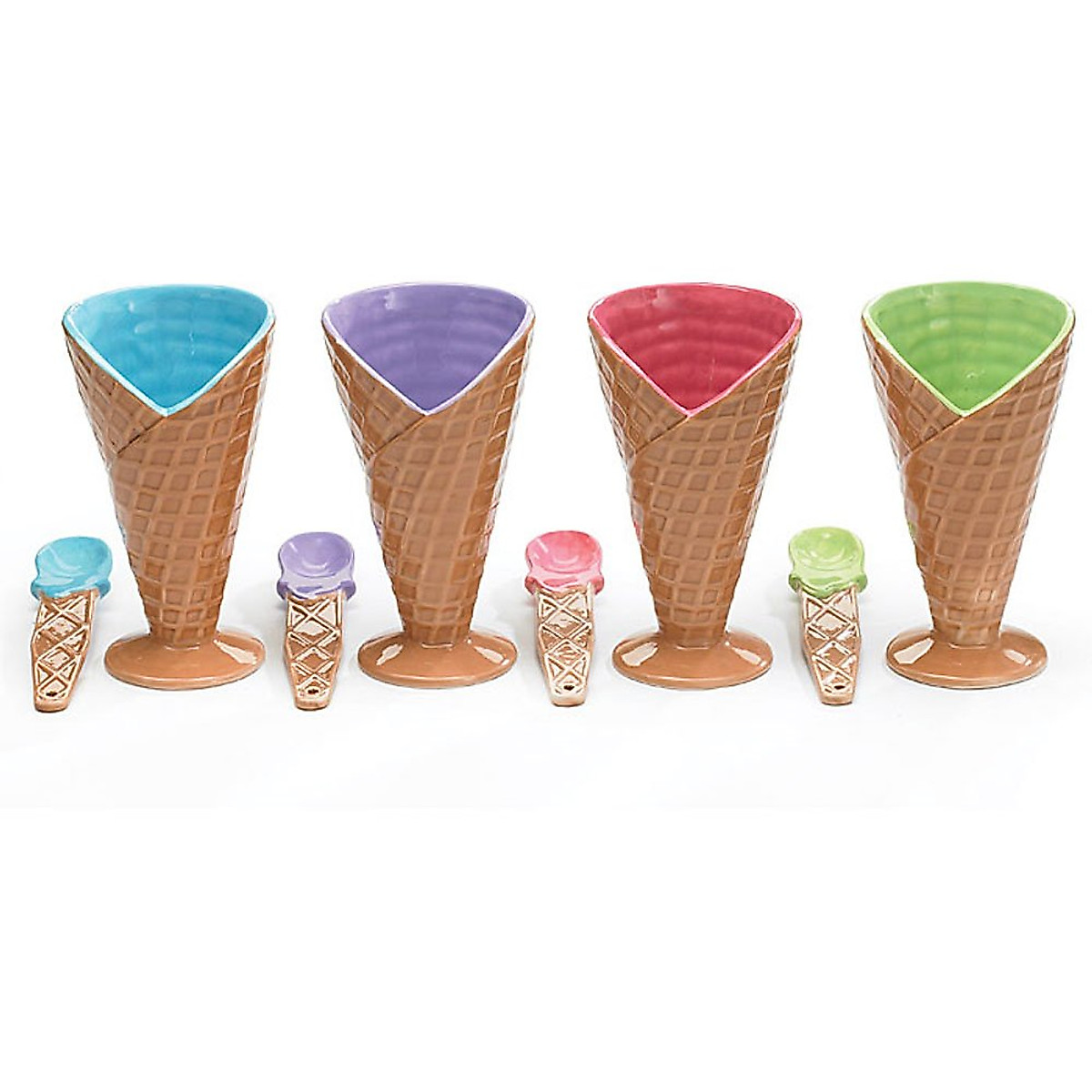 Set Of 4 Large Ice Cream Cone Dishes Bowls With Spoon