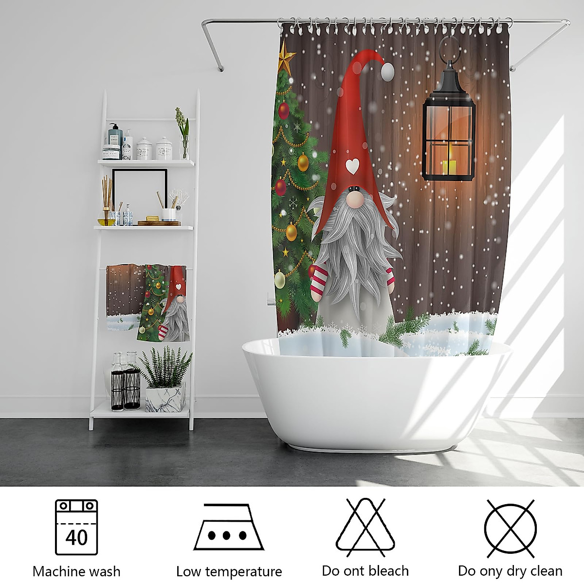 PAOPOED Christmas Gnome Shower Curtains for Bathroom, Merry Christmas Batherroom Curtain for Restroom, Funny Santa Claus Fabric shower curtain set Bathroom Deco with Hooks 72 x 72 Inches
