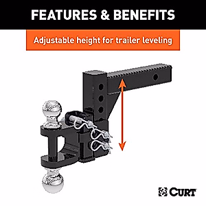 CURT 45049 Adjustable Trailer Hitch Ball Mount, Fits 2-Inch Receiver, 6-1/2-Inch Drop, 2 and 2-5/16-Inch Balls, 10,000 lbs , Black