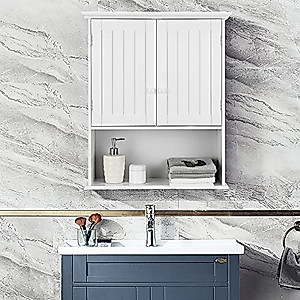 GOFLAME Bathroom Wall Cabinet, 2-Door Toilet Cabinet with Hanging Design, Wooden Medicine Cabinet with Height Adjustable Shelf, Wall Mount Cabinet with Large Storage Space (White)