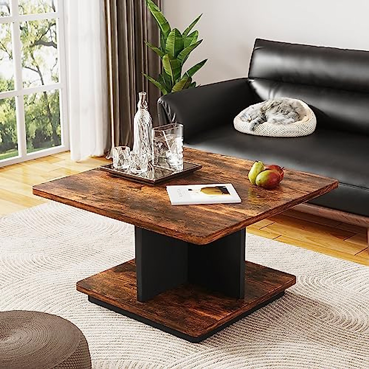 Tribesigns Wood Square Coffee Table: 31.5 Inches 2 Tiers Farmhouse Coffee Table, Wooden Rustic Coffee Table with Storage, Mid Centry Modern Home Furniture for Living Room, Brown