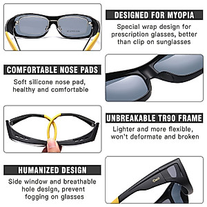 DUCO Wraparound Fitover Glasses Polarized Wear Over Sunglasses for Men Women UV Protection Sun Glasses Driving 8953 (L Size Black Frame Yellow Temple Grey Lens)