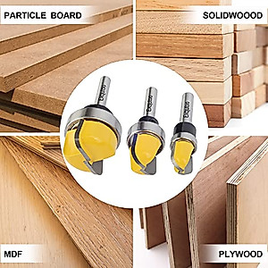 Exqutoo 3Pcs 1/4" Shank Carbide Round Nose Groove Router Bit Set Template Router planing Head Set with Ball Bearing Engraving Router planing Head Wood Cutter Woodworking Tools Carving Cutting Tool