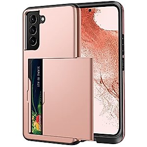 SAMONPOW for Samsung Galaxy S22 Case, Galaxy S22 Case with Card Holder Wallet Case Shockproof Silicone TPU Hard PC Dual Layer Protective Case Compatible with Samsung Galaxy S22 5G 6.1inch Rose Gold