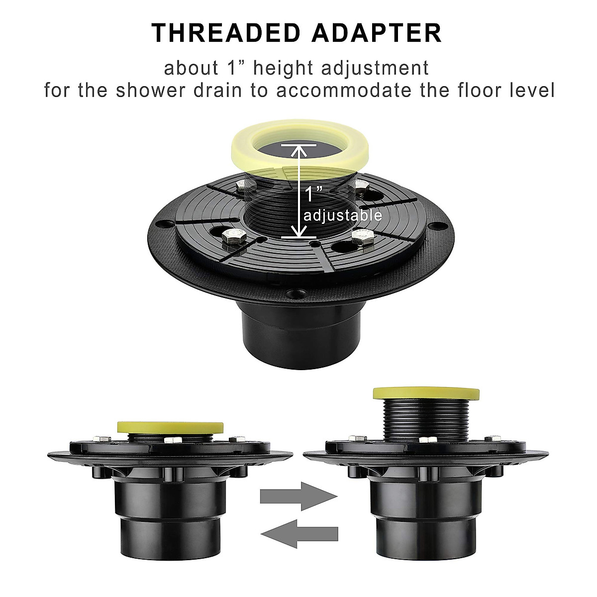 Orhemus 2 inch Shower Drain Base Flange Kit with Rubber Coupler Gasket, Threaded Adjustable Ring Adaptor for No Hub Square Linear Floor Drain Installation