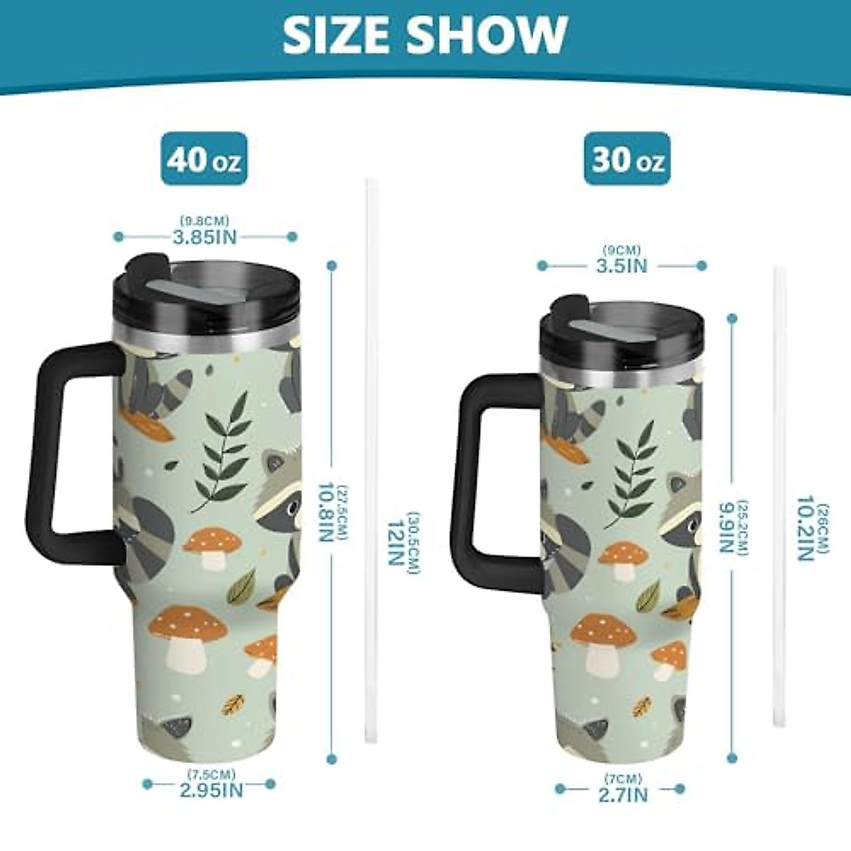 FRCSDIY Cartoon Raccoon Insulated Tumbler with Handle and Straw Lid,40oz Leakproof Stainless Steel Cup BPA-Free Water Bottle