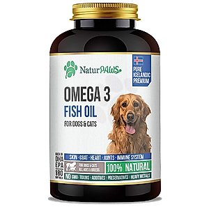 NATURPAWS Omega 3 Fish Oil Supplement for Dogs and Cats - 1000 mg Pure DHA and EPA Omegas - Supports Healthy Coat and Skin, Heart, Immune System, Joints and Hip - 180 softgels