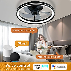 YeetFerret Smart Ceiling Fans with Light Compatible with Alexa and Google Assistant,Bladeless Ceiling Fan with Light Flush Mount 3 Color LED 6 Speeds Low Profile Ceiling Fan