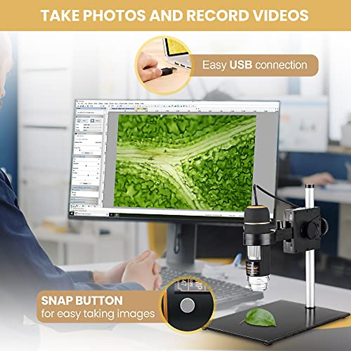 Amscope UTP200X003MP Digital 2MP USB Microscope, 10X-200X Magnification, Built-In Eight LED Light Source, Table Stand, Includes Software CD, Black