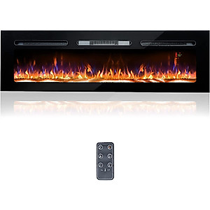 GOOD & GRACIOUS Electric Fireplace,1500W Recessed & Wall Mounted Electrical Fireplace with Bracket, Ultra Thin, Low Noise, Remote Control, Timer, Logset & Crystal, Adjustable Flame Color, Black, 60"