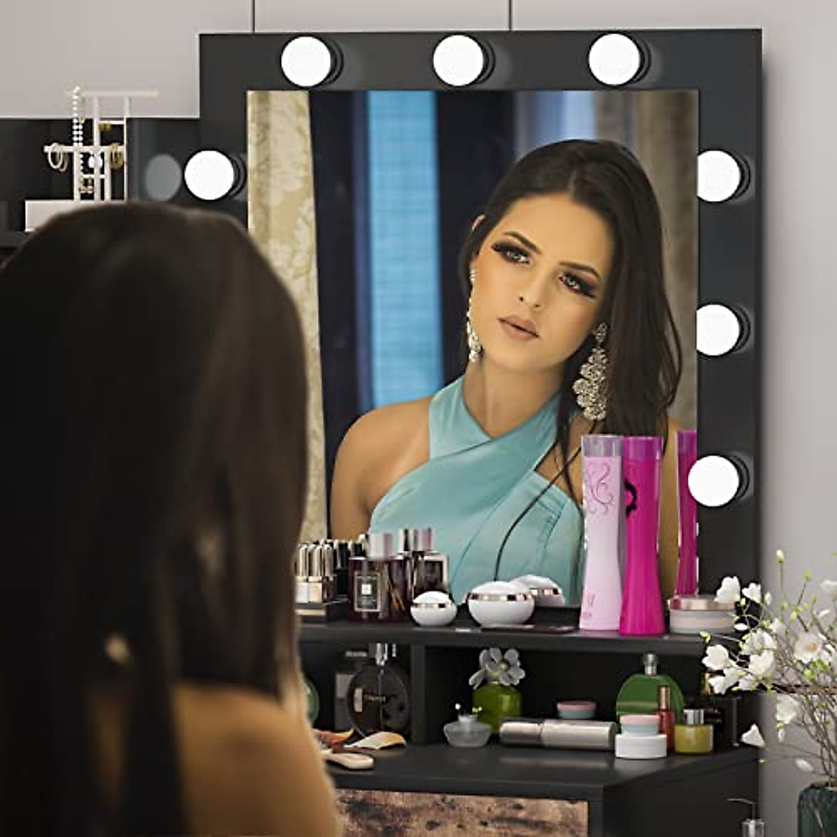 PAKASEPT Makeup Desk with Mirror and Lights, Desk and Chair, Vanity Table Set with Cushioned Stool, Shelves & Drawers, Storage Cabinet for Bedroom, Brown